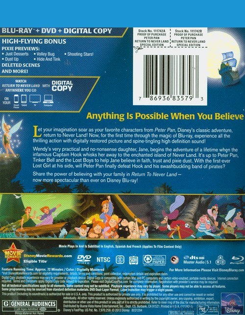 Peter Pan: Return To Never Land - Special Edition (Blu-ray + DVD ...