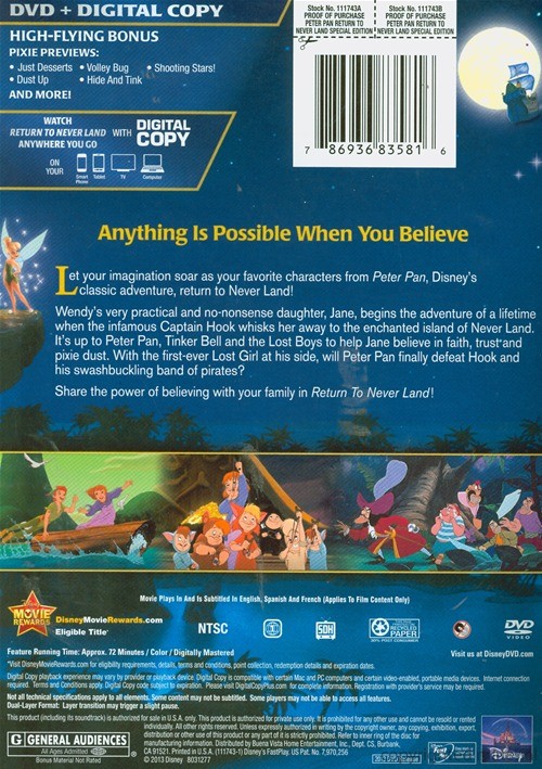 Peter Pan: Return To Never Land - Special Edition (DVD + Digital Copy ...