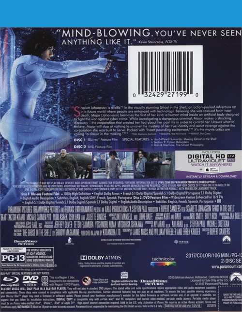 Ghost In The Shell (Blu-ray + DVD + UltraViolet) (Blu-ray 2017) | DVD Empire